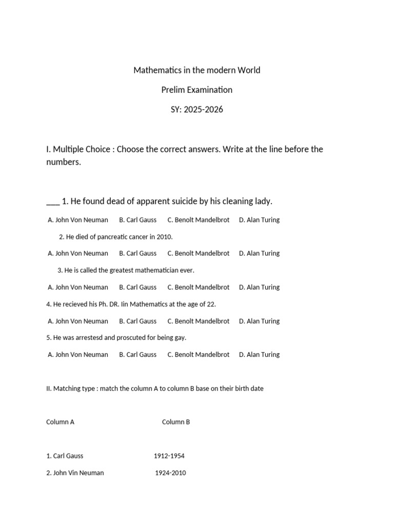 Mathematics in The Modern World Prelim Exam | PDF