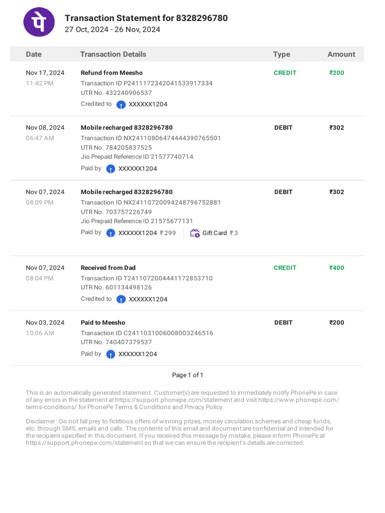 PhonePe Statement Oct2024 Nov2024 | PDF