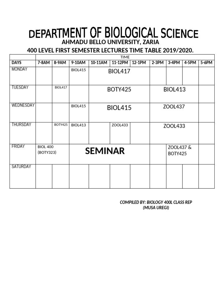 Dept of Biol 400lvl Time Table | PDF