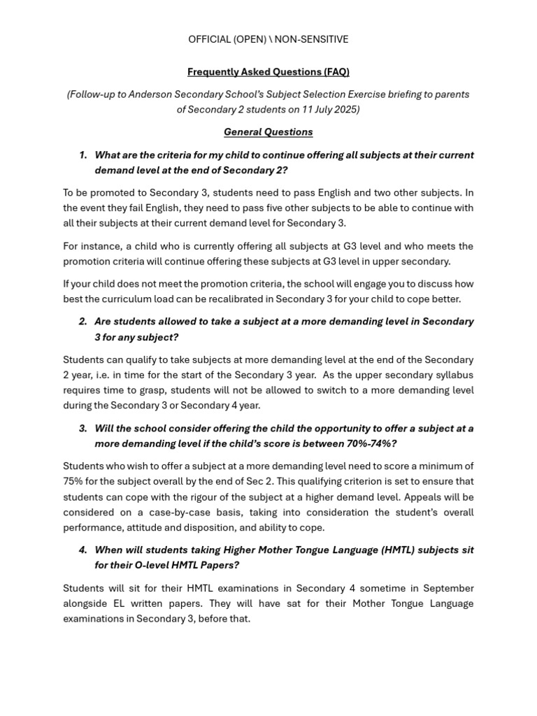 Frequently Asked Questions - Sec 2 Subject Selection Exercise 2025 | PDF