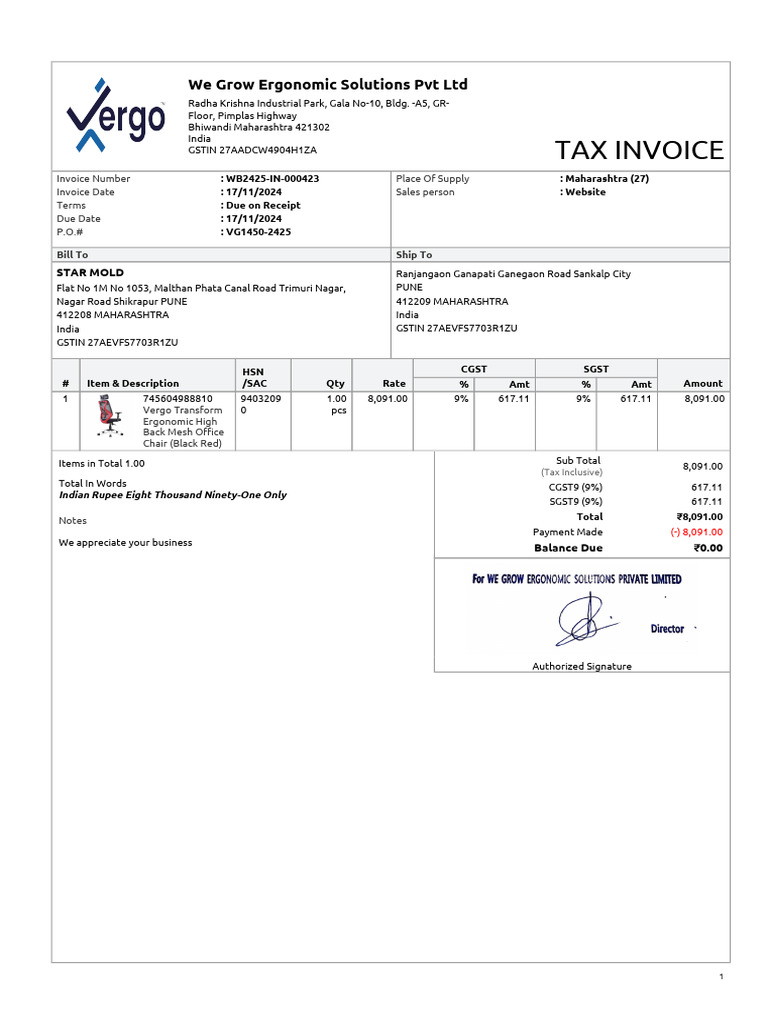 Vargo Chair Invoice from We Grow Ergonomic | PDF | Business Documents ...