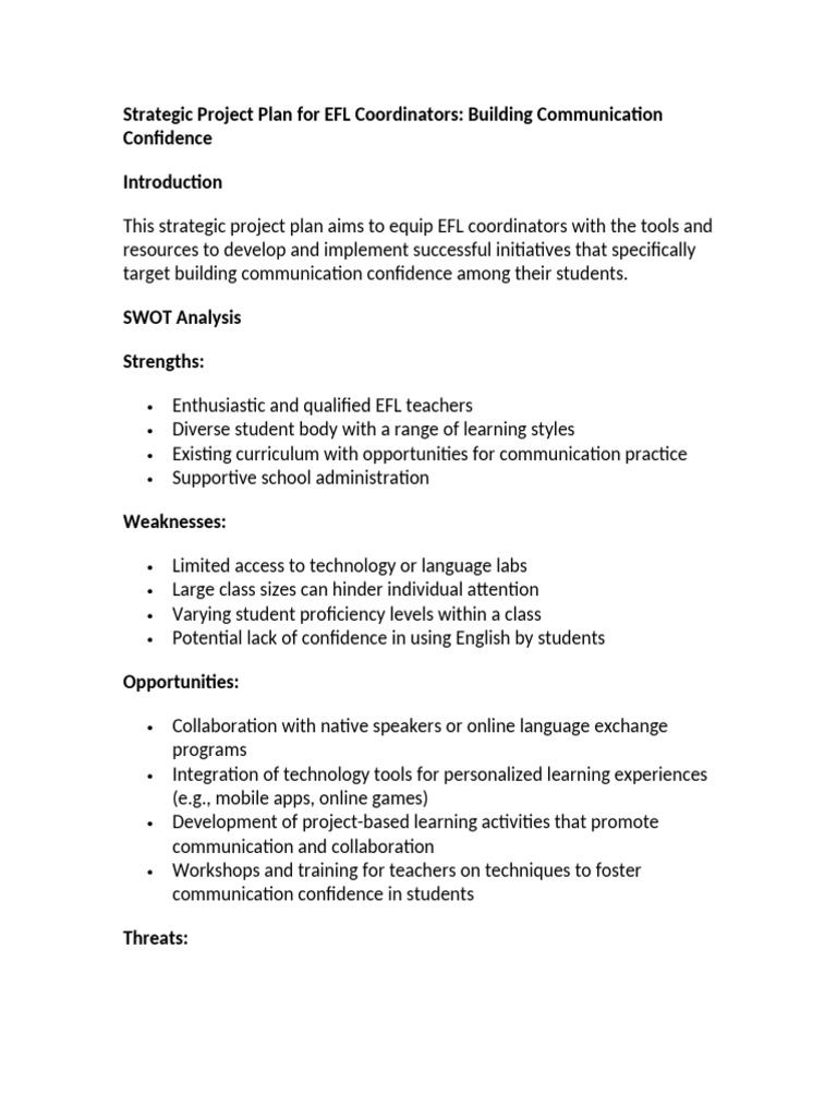Strategic Project Plan For EFL Coordinators With Swot Analysis | PDF ...