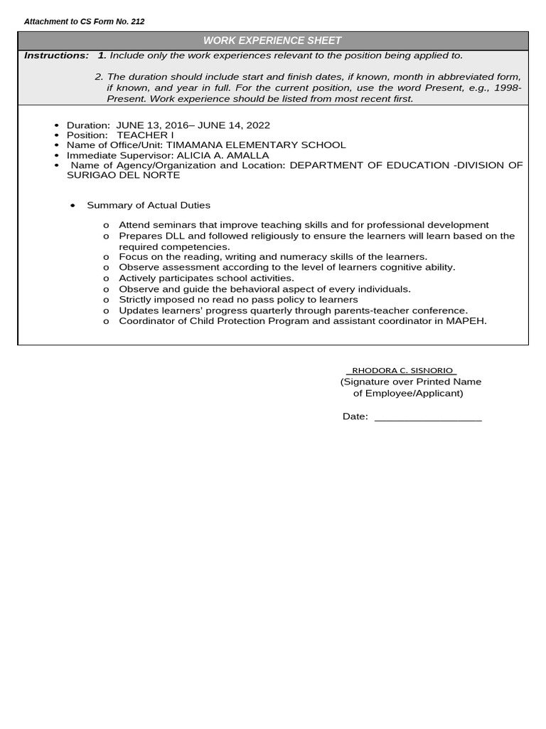 Teacher I Work Experience Summary | PDF