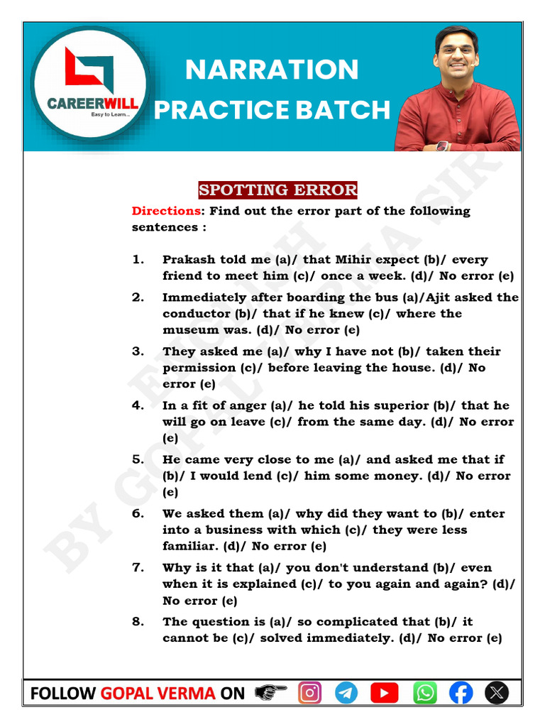 (Notes) - Narration Practice Sheet Kshitij | PDF | Question