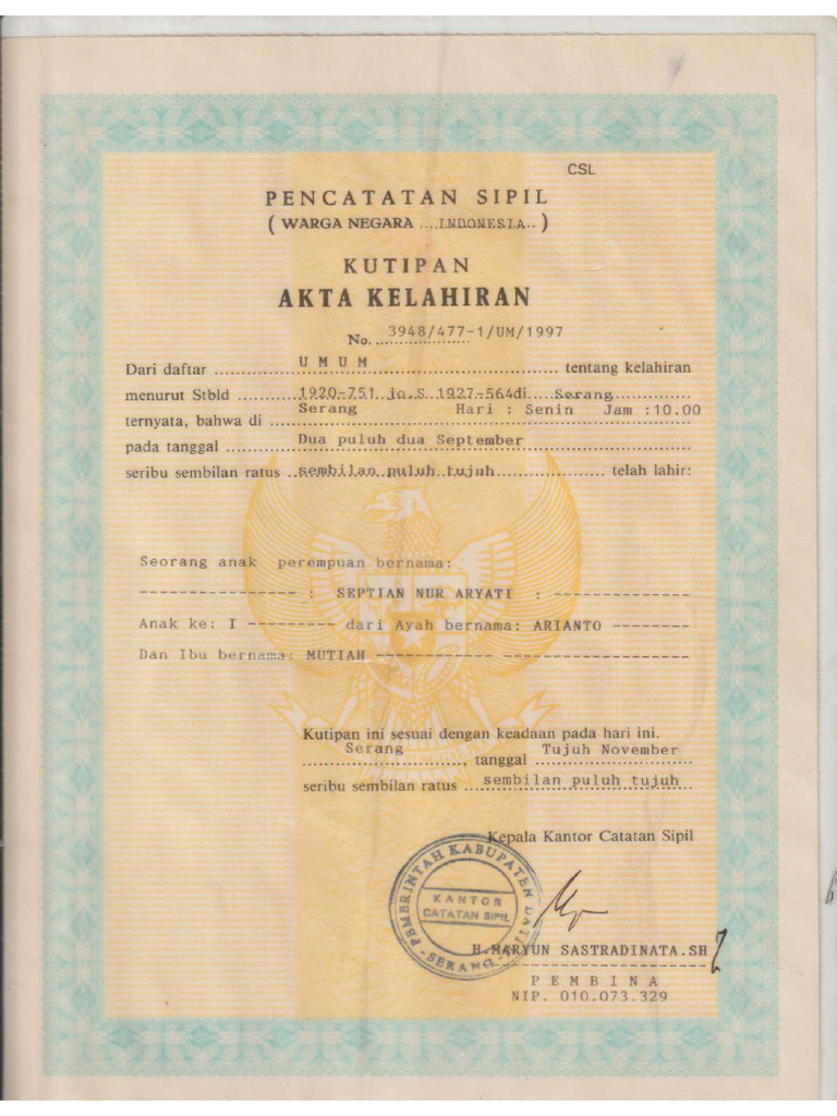 Akta Kelahiran - Septian Nur Aryati | PDF