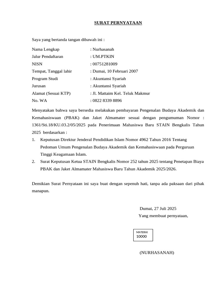 Surat Pernyataan Pbak 2025 1 | PDF