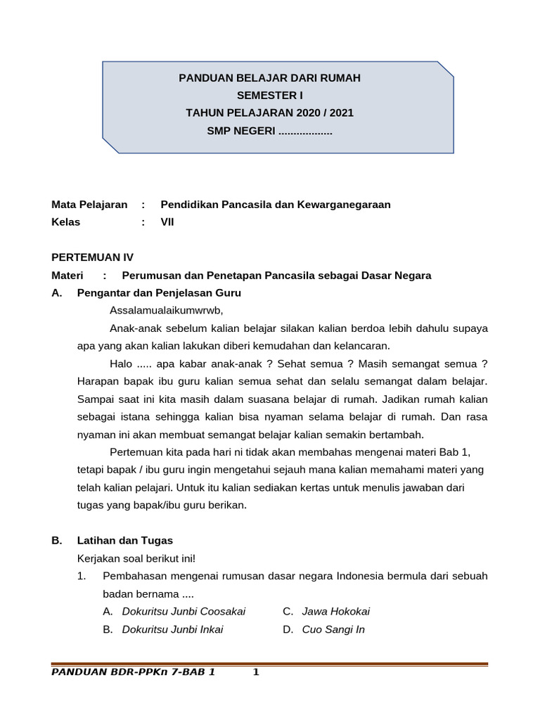 Pertemuan IV-BDR-PPKn-Kelas 7-Bab 1 | PDF