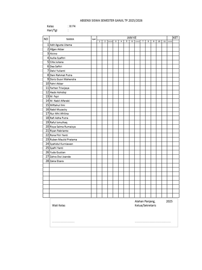 Format Absensi Siswa Semester Ganjil | PDF