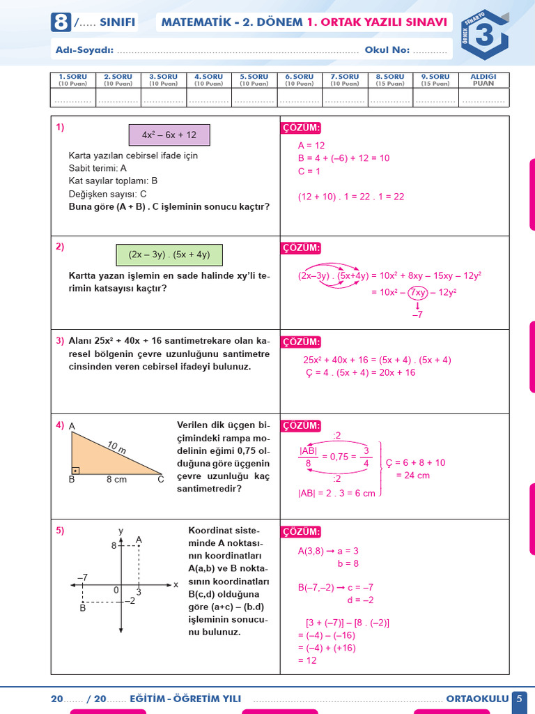 8.sinif Matematik 2.donem 1.yazili Sorulari Ve Cevaplari 2 | PDF