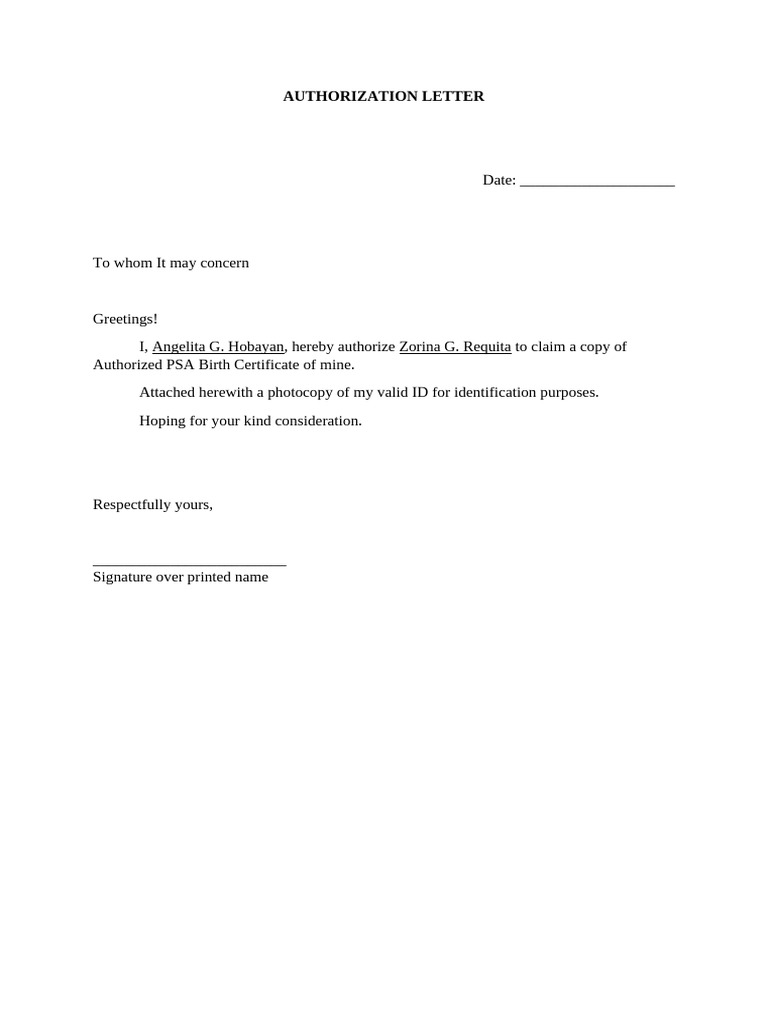 Authorization Letter (Psa) | PDF