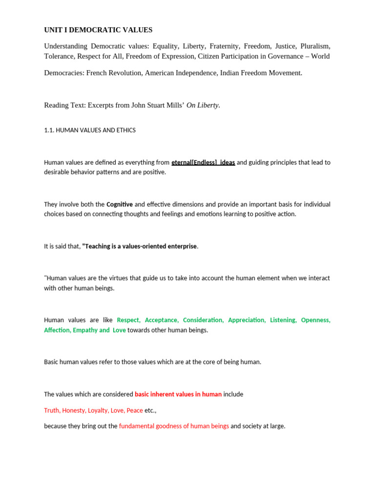 Unit I Democratic Values | PDF