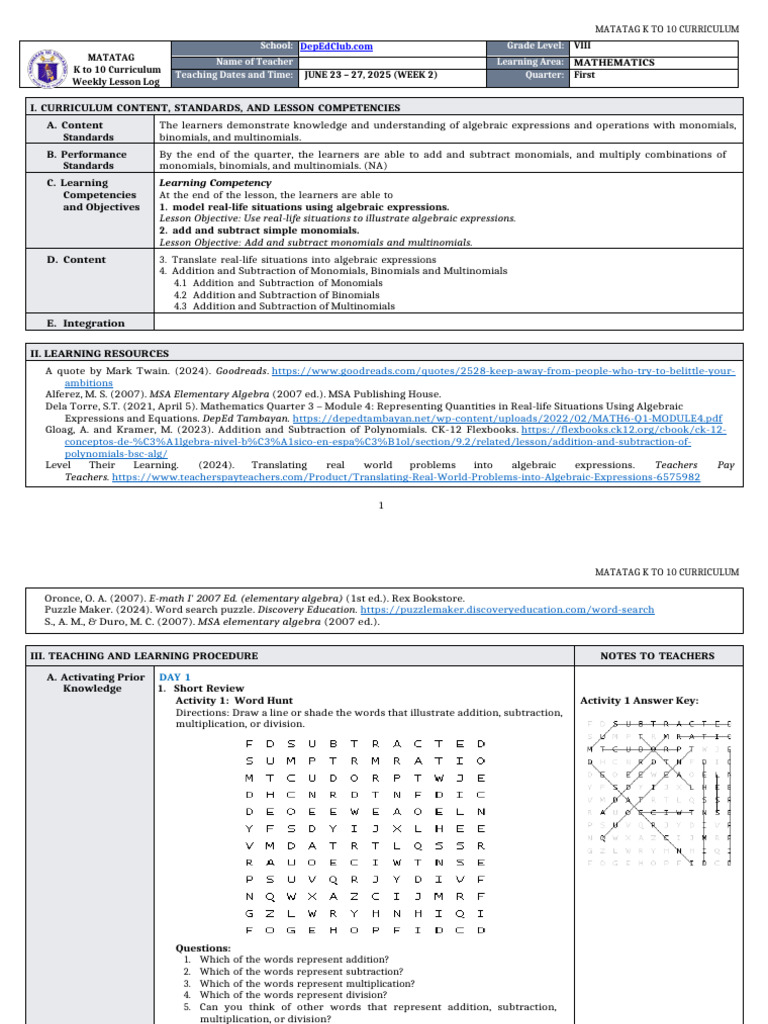 Matatag Mathematics 8Q1 W2 | PDF | Polynomial | Algebra
