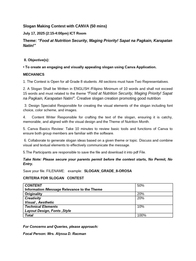 Slogan Contest for Grade 8 Students | PDF