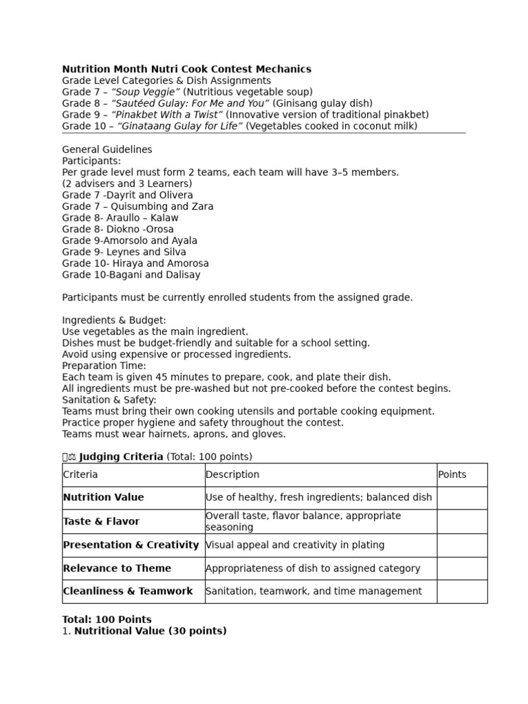 Nutrition Month Cooking Contest Guidelines | PDF | Taste | Nutrition