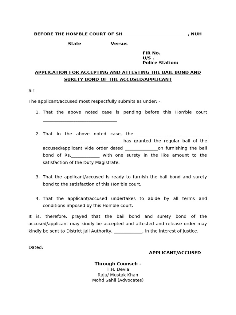 Application For Accepting and Attesting The Bail Bond and Surety Bond ...