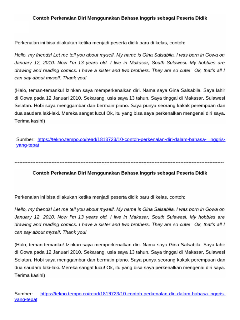 Contoh Perkenalan Diri Menggunakan Bahasa Inggris Sebagai Peserta Didik | PDF