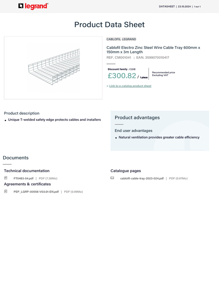 Cablofil Cable Tray Data Sheet | PDF