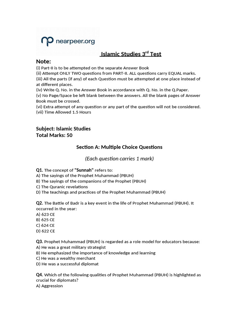 Islamic Studies Test: Prophet Muhammad's Role | PDF | Muhammad ...