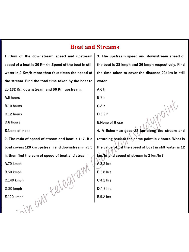 Boats and Streams Practice Questions For SSC CGL 2025 | PDF