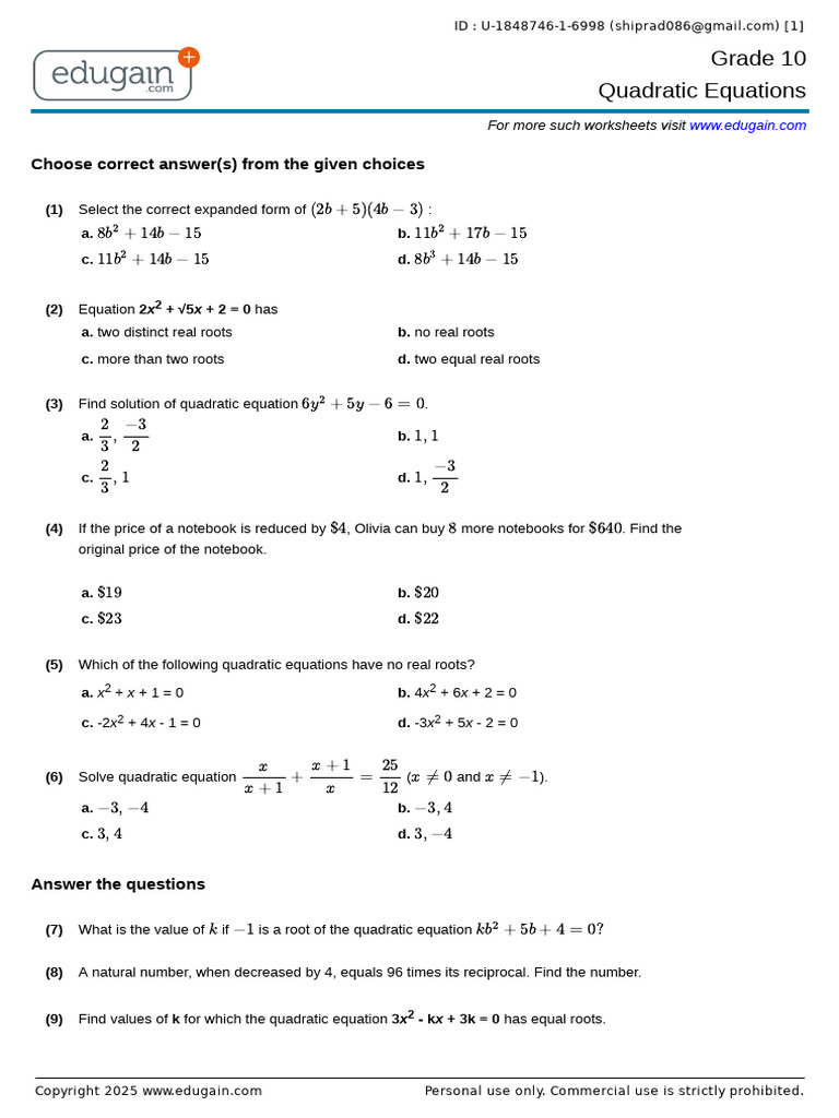 Grade 10 Quadratic Equations Worksheet | PDF | Quadratic Equation ...