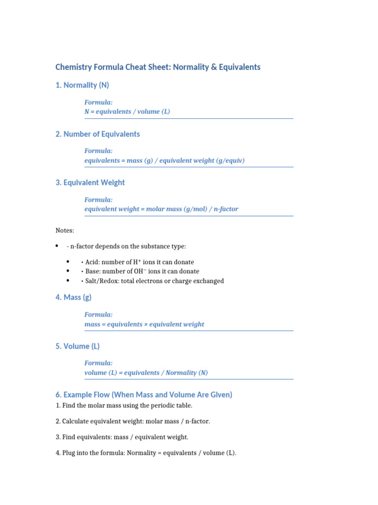 Chemistry Normality Formula CheatSheet | PDF
