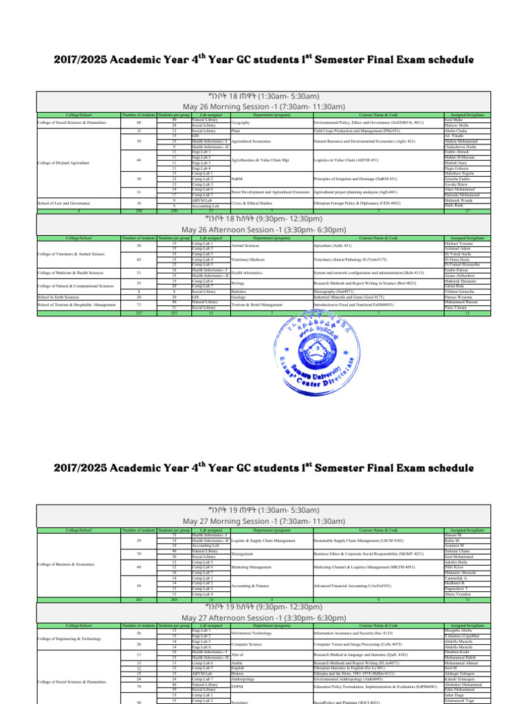 2017-2025 4th Year GC Exam Schedule | PDF