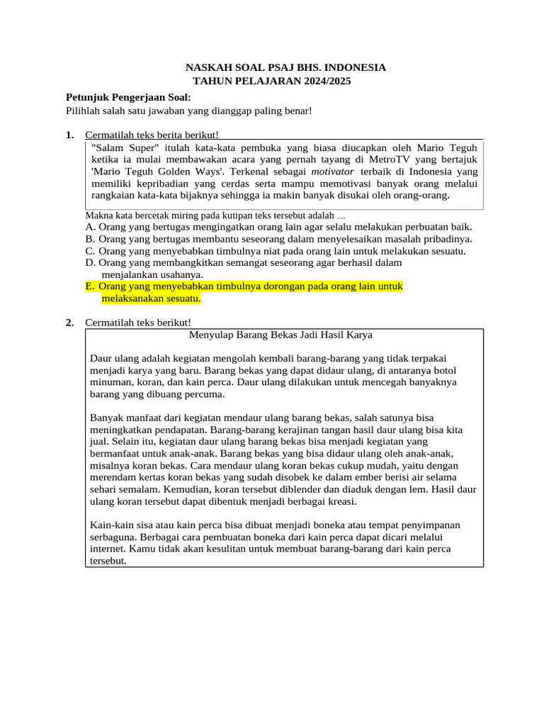 Naskah Soal Psaj Bhs. Indonesia Kelas Xii 2025 | PDF