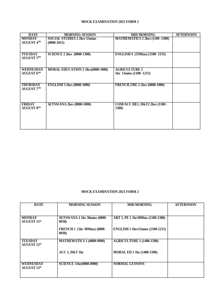 Form 2 Mock Exam Timetable 2025 | PDF
