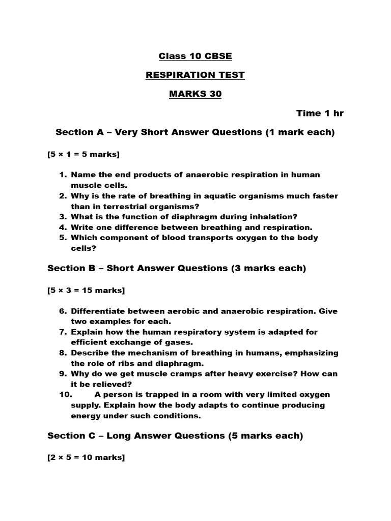 Respiration Test Class 10 | PDF