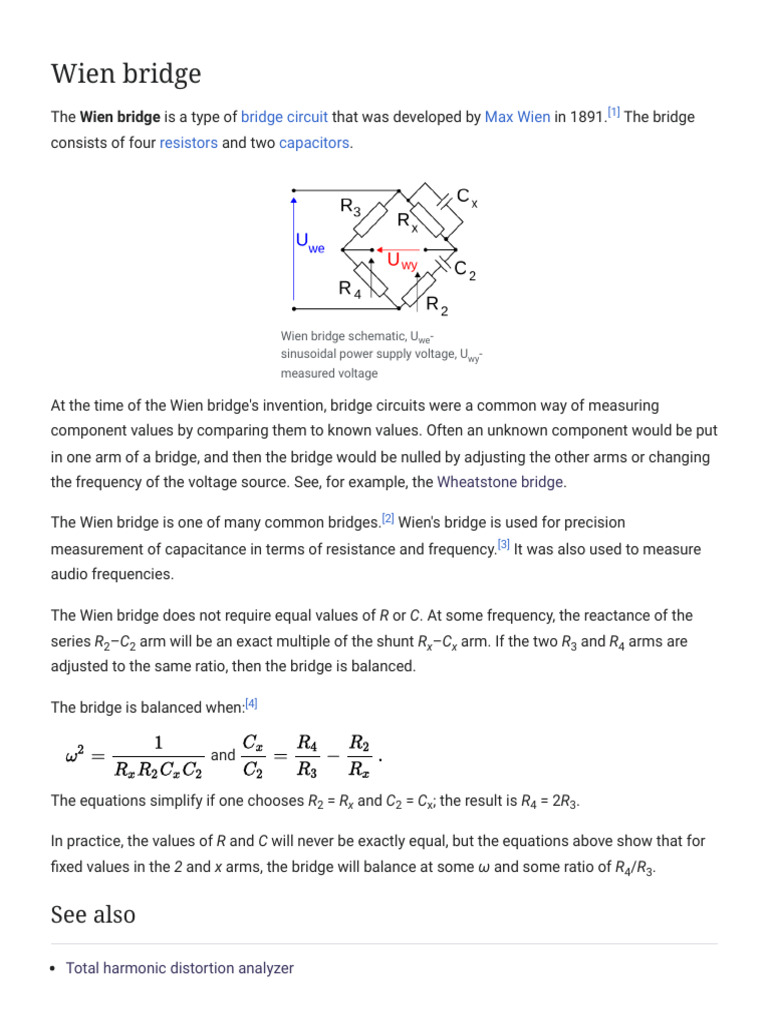 Wien Bridge Circuit Overview | PDF | Electronic Circuits | Electrical ...
