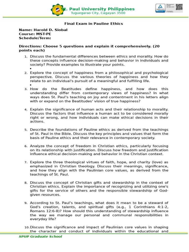 Pauline Ethics Final Exam Guide | PDF | Happiness | Christian Ethics