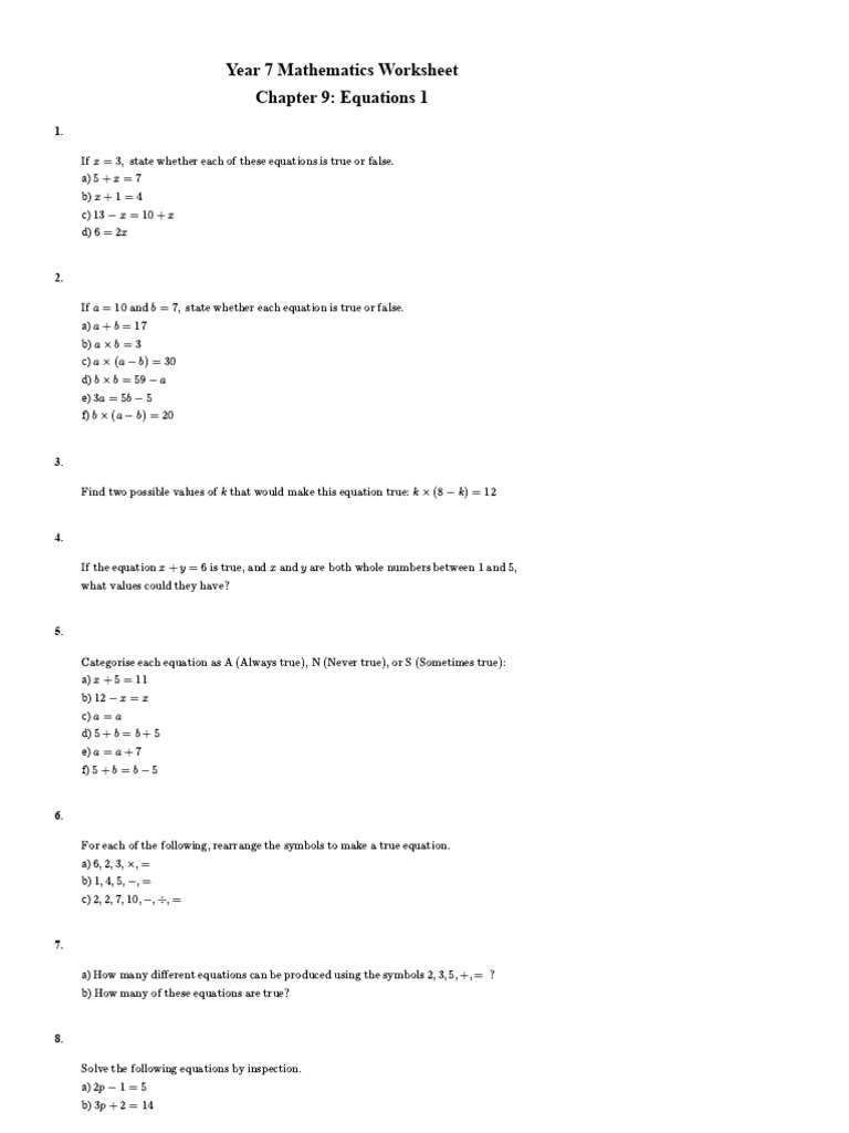 Year 7 Math Worksheet: Equations Practice | PDF | Triangle | Fahrenheit