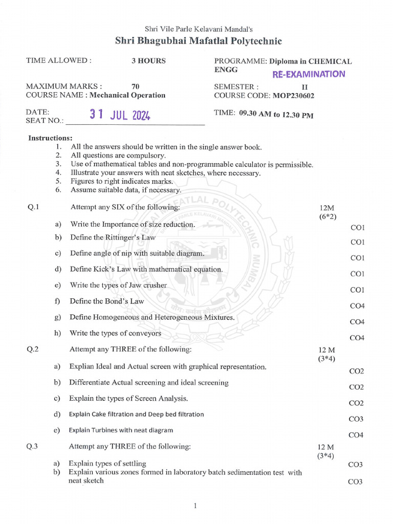 Chemical Q Papers Summer 2024 Re-Exam | PDF