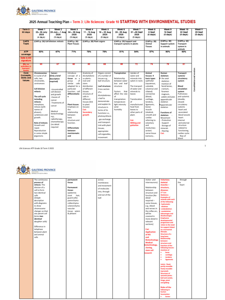 2025 ATP Gr.10 Term 3 Gauteng | PDF | Tissue (Biology) | Skeleton