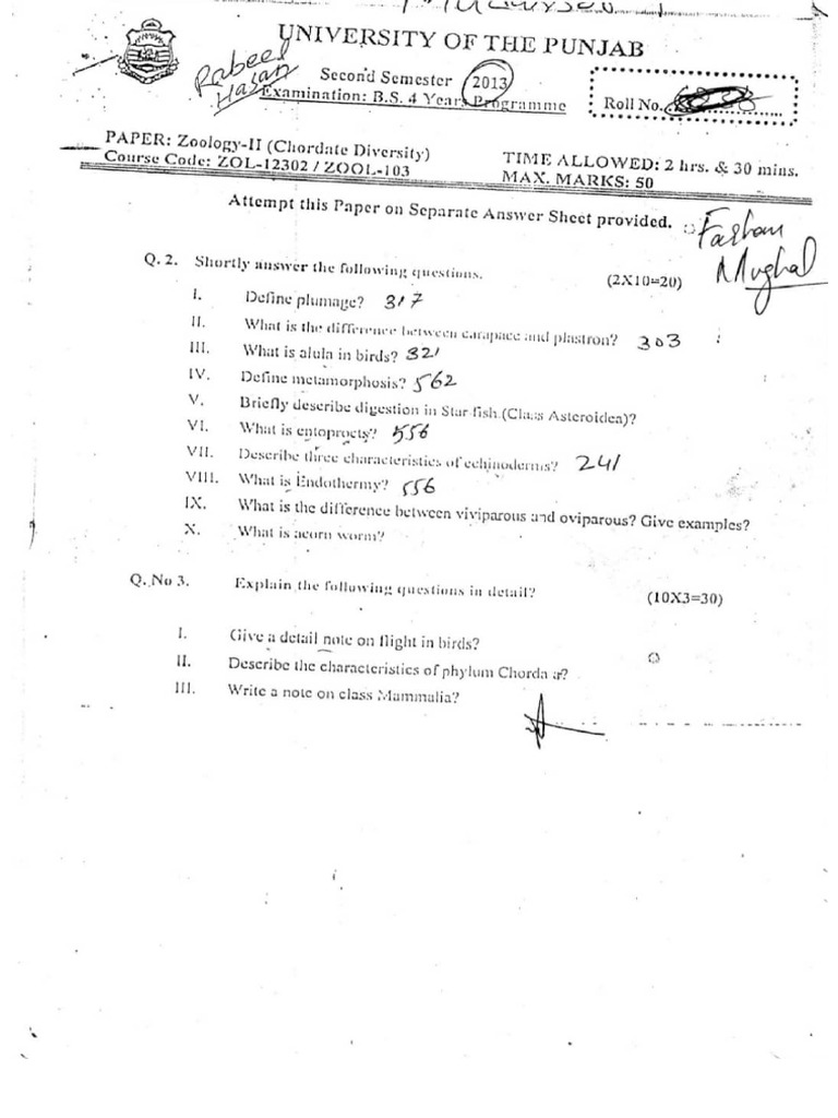 Zoology 2 Past Papers | PDF