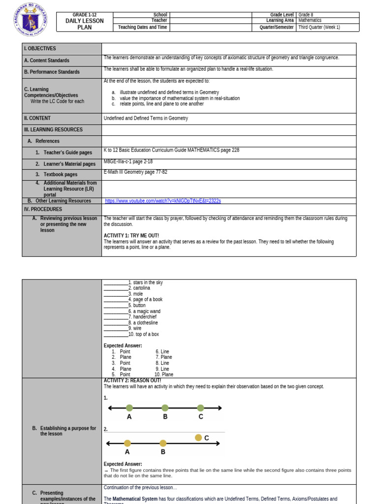 Grade 8 Geometry Lesson Plan | PDF | Line (Geometry) | Axiom