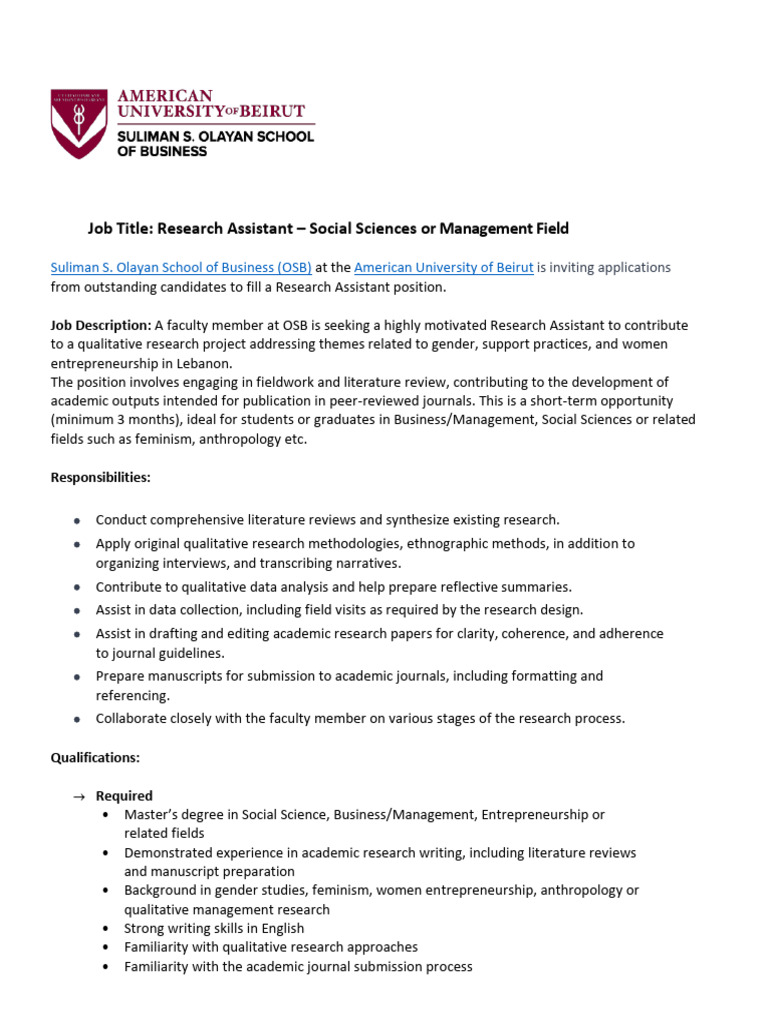 Research Assistant Position at AUB | PDF | Qualitative Research | Field ...