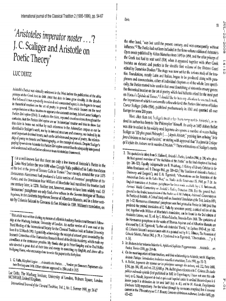 Deitz. Aristoteles e Escalígero Sobre Poetica | PDF