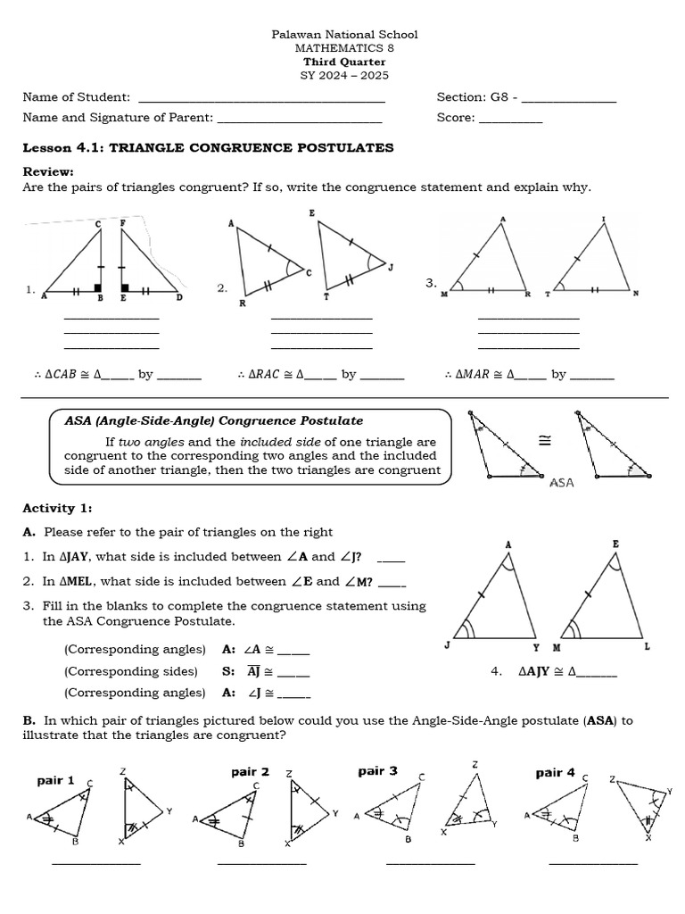 Q3 LESSON 4.1 ASA Congruence Postulate | PDF | Euclidean Geometry | Euclid