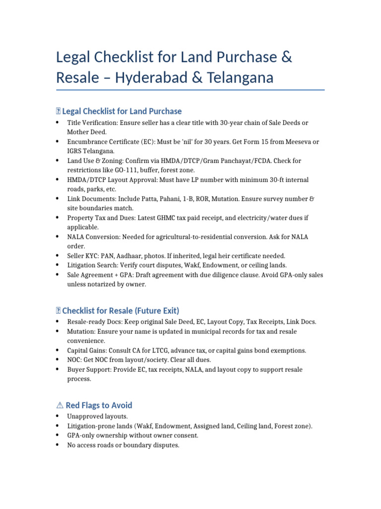 Legal Checklist Hyderabad Land Purchase | PDF