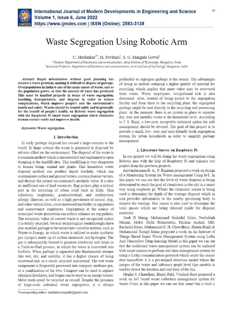 2022 - Waste Segregation Using Robotic Arm | PDF