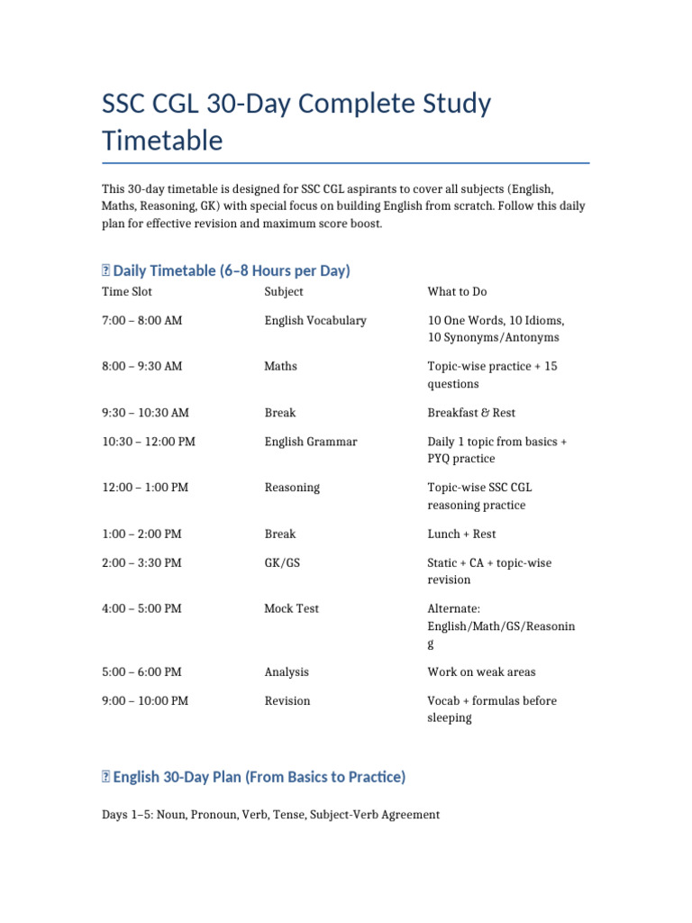 SSC CGL 30-Day Study Timetable Guide | PDF | English Language | Verb