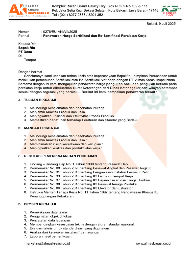 0278 - Penawaran Harga Riksa Uji PT Deca | PDF