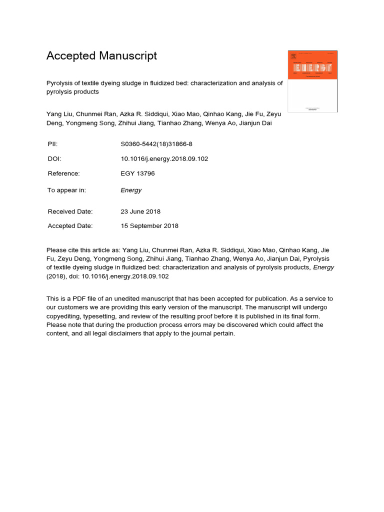 Pyrolysis of Textile Dyeing Sludge in Fluidized Bed Characterization | PDF | Pyrolysis ...