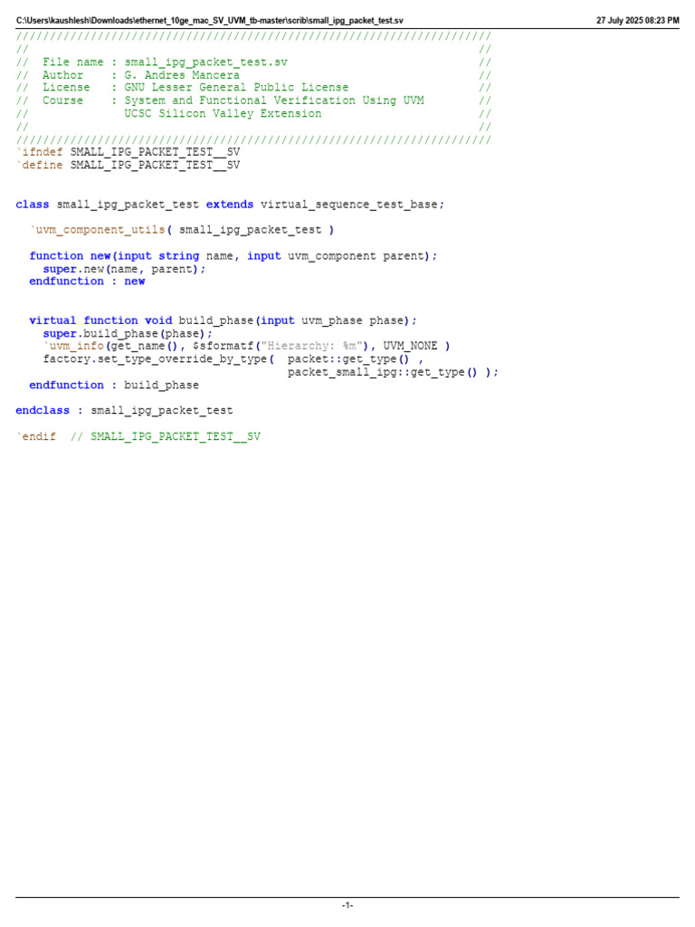 Small IPG Packet Test UVM Class | PDF