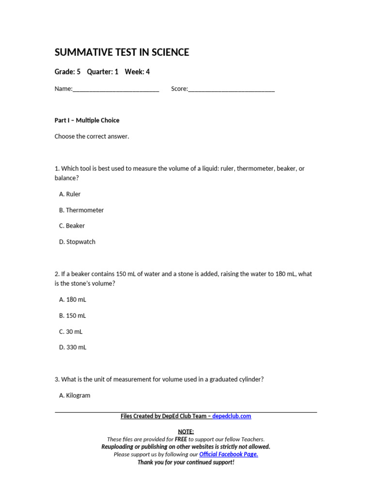 Measuring Volume in Science Tests | PDF | Volume | Liquids