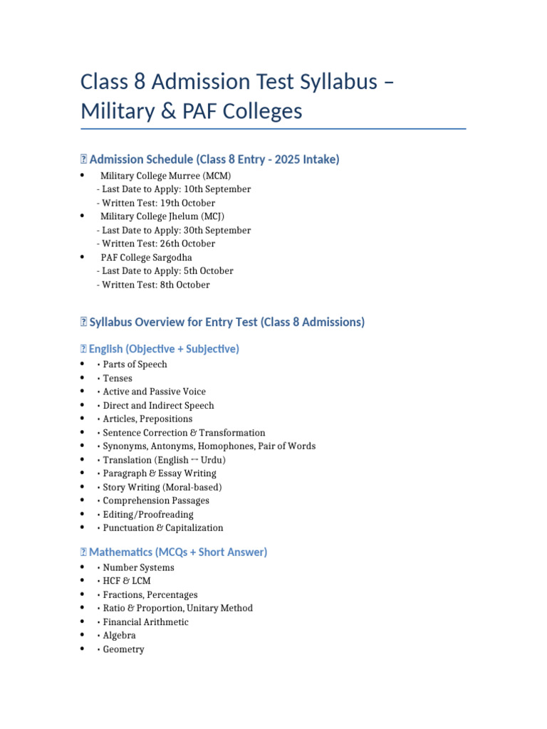 Class 8 Admission Test Syllabus 2025 | PDF