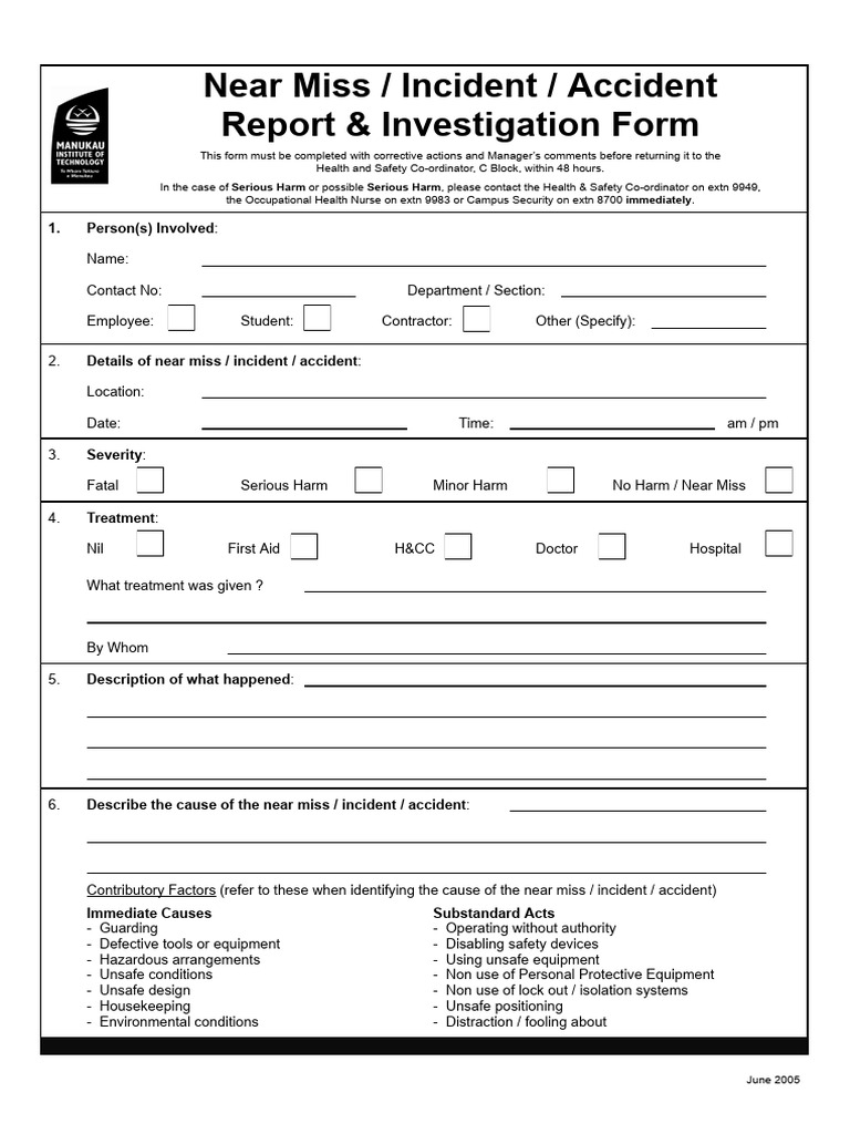 Near Miss Incident Report Form | PDF | Occupational Safety And Health ...