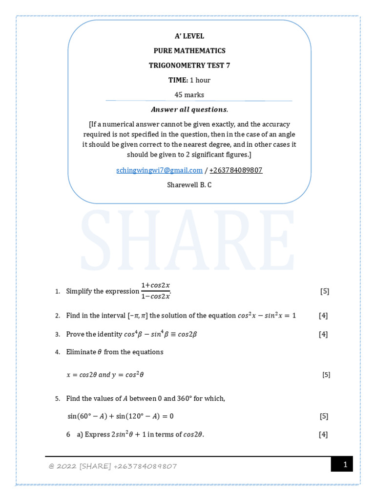 Trigonometry Test Questions and Solutions | PDF | Mathematics