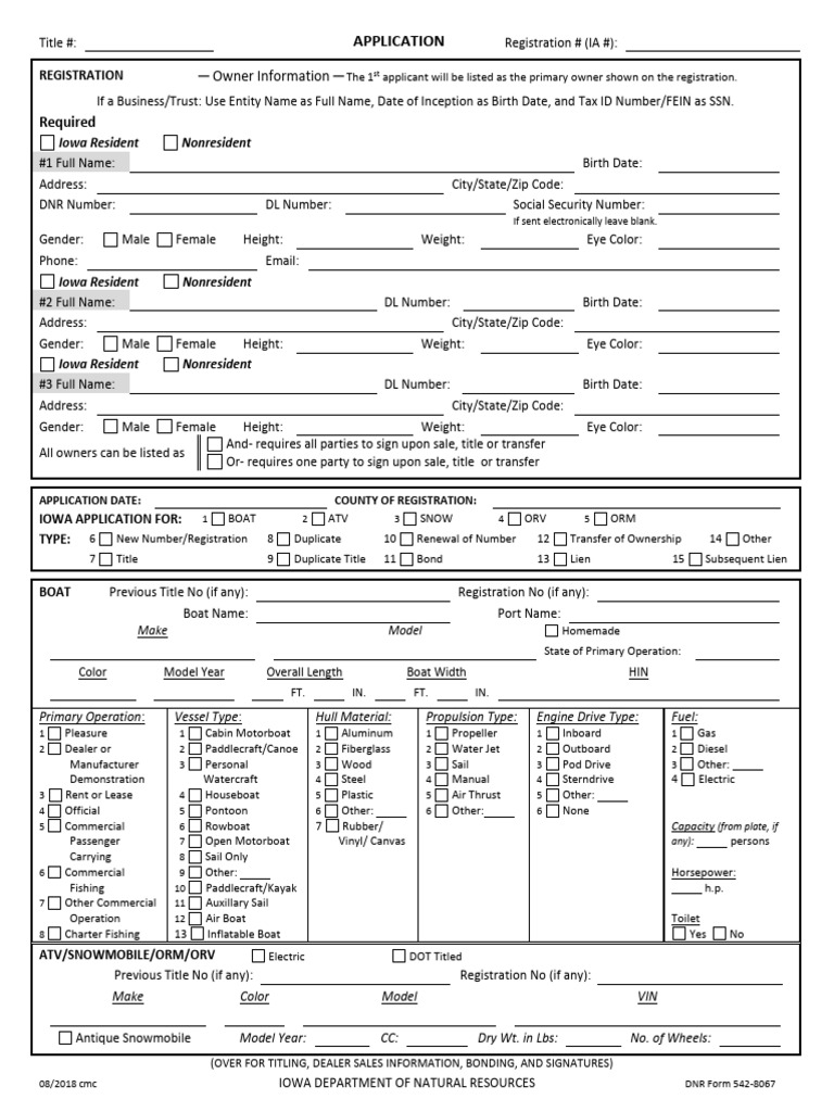 Iowa State Application For Registration of ATV, ORV or Boat | PDF ...
